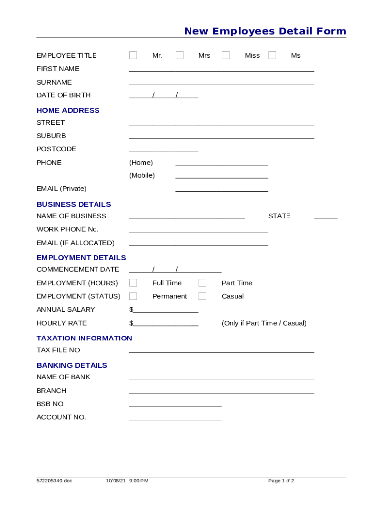 New Employee Details Doc Template | pdfFiller