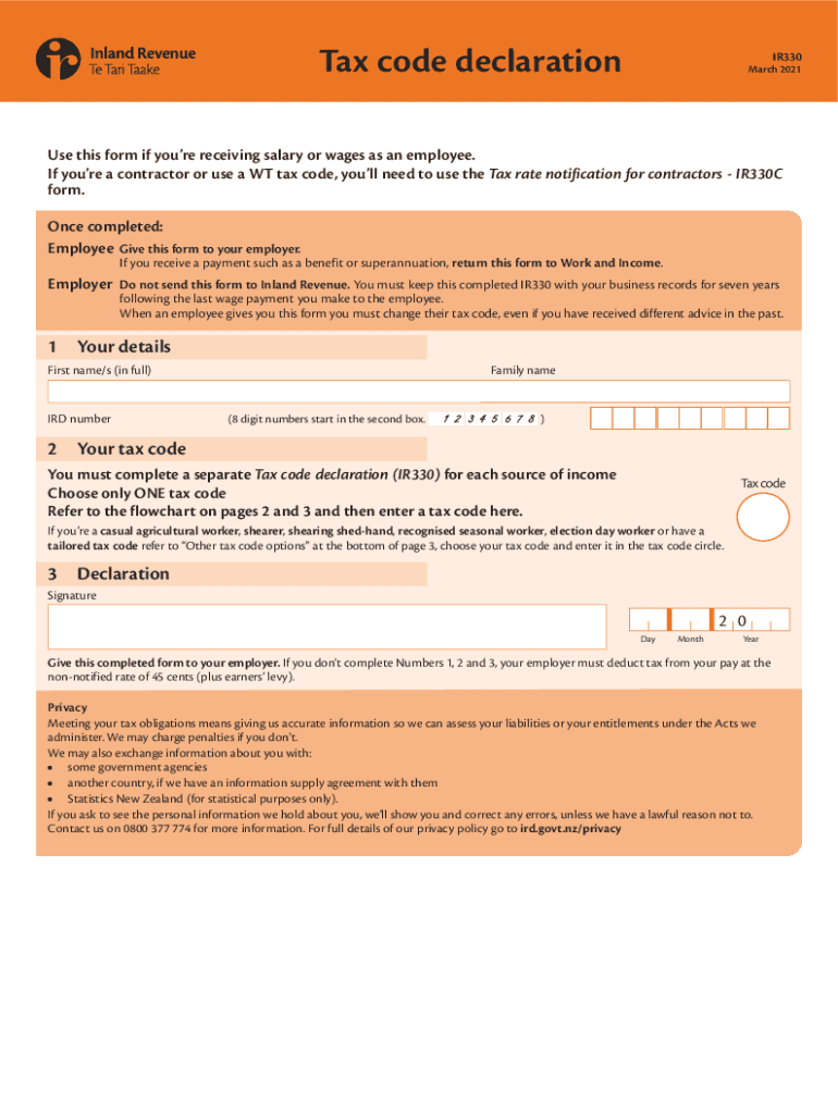 Tax Code Declaration IR330 2021 IRD Fill And Sign Printable 