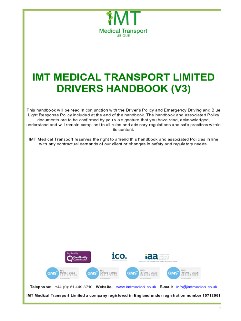 Fillable Online IMT MEDICAL TRANSPORT LIMITED - DRIVERS' HANDBOOK V3 ...