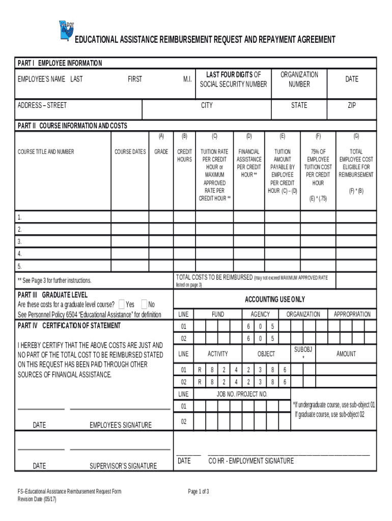 Educational Assistance Reimbursement Request and Repayment Agreement Doc Template | pdfFiller