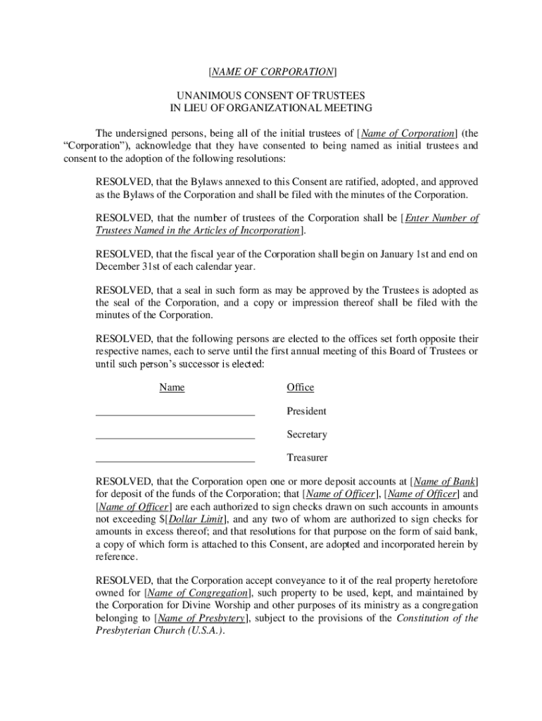 Fillable Online UNANIMOUS CONSENT OF TRUSTEES Fax Email Print - pdfFiller