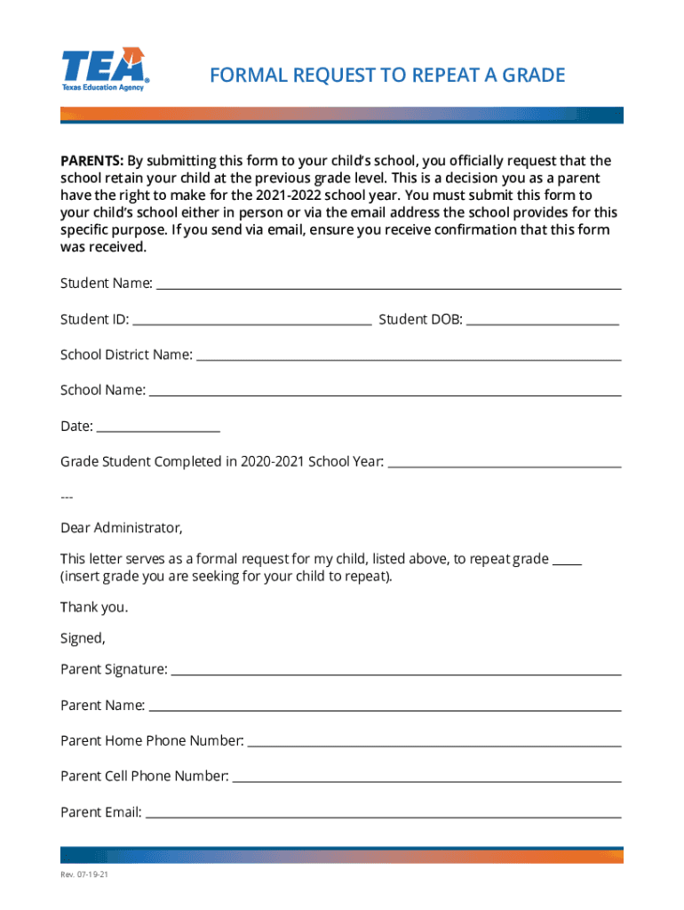 Fillable Online Grade Repeat Request Form. Form for parental request ...
