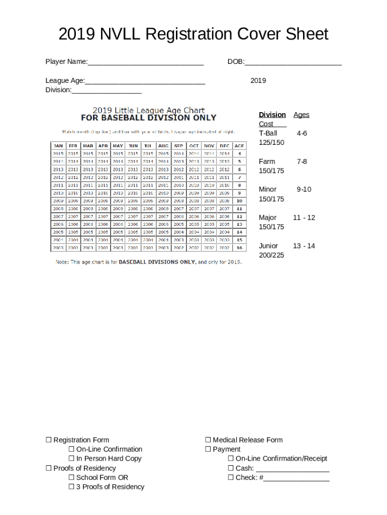 2019 NVLL Registration Cover Sheet Doc Template | pdfFiller