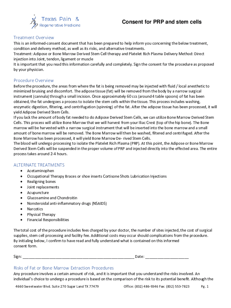 Fillable Online Consent for PRP and stem cells - PatientPop Fax Email ...