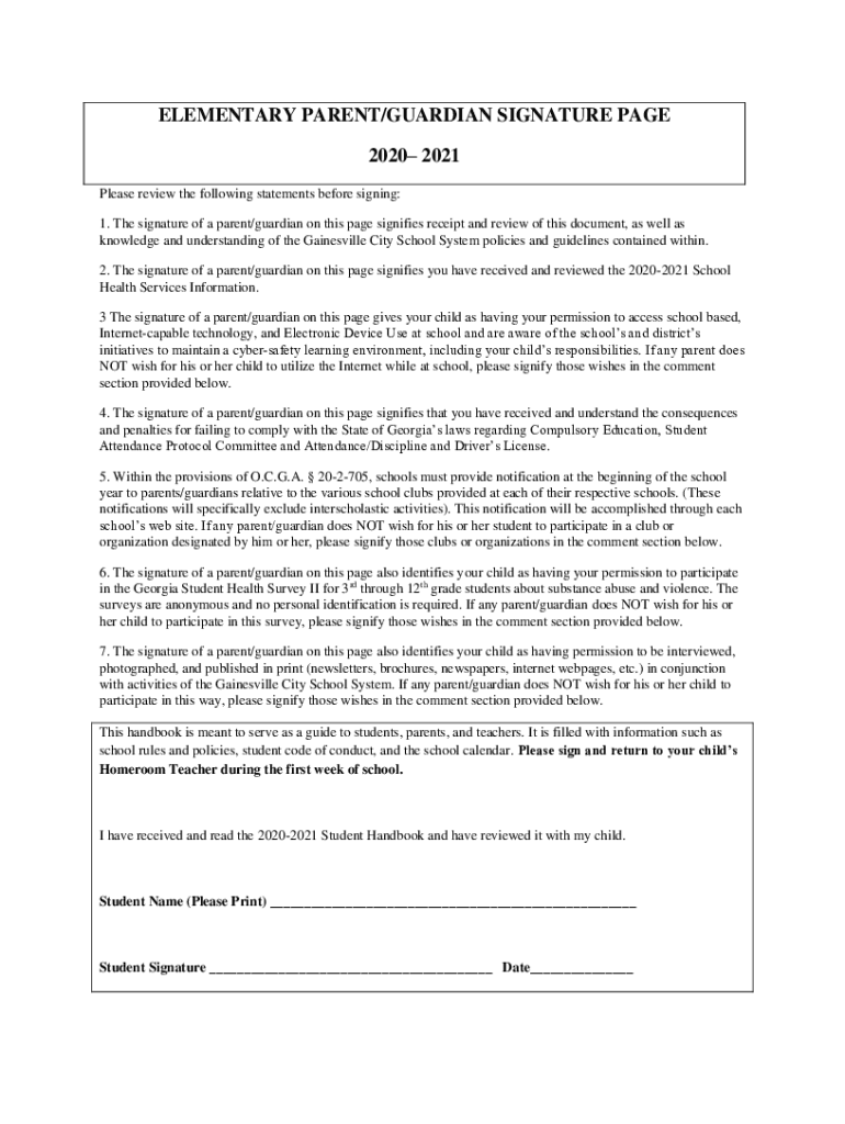 Fillable Online ELEMENTARY STUDENT and PARENT/GUARDIAN SIGNATURE PAGE ...