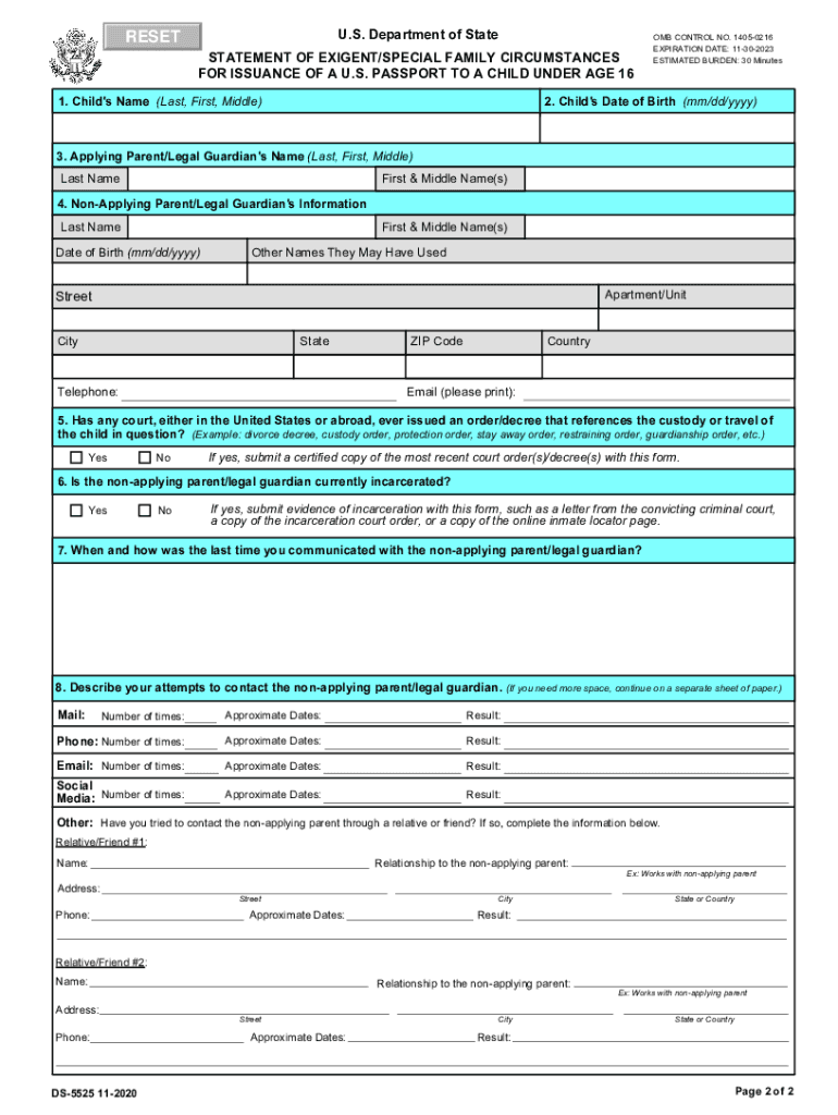Fillable Online Fillable Form DS-5525 STATEMENT OF EXIGENT/SPECIAL FAMILY ... Fax Email Print ...