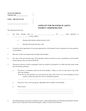 Fillable Online STATE OF INDIANA ) AFFIDAVIT FOR TRANSFER OF COUNTY OF ...