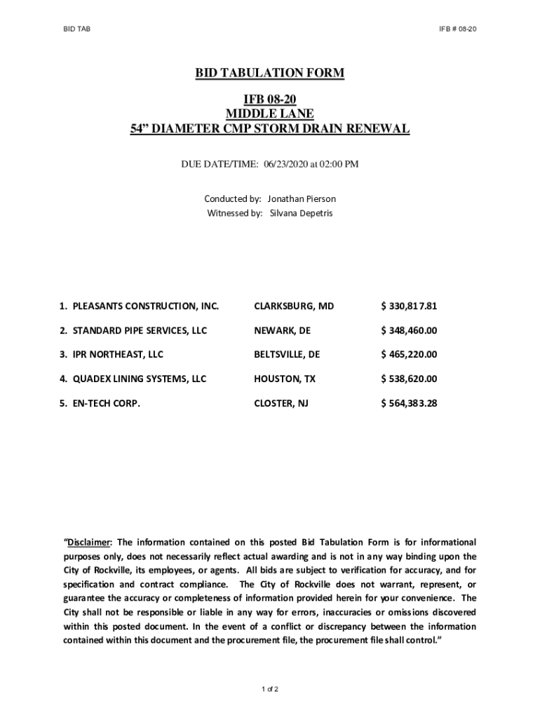 Fillable Online BID TABULATION FORM IFB 08-20 MIDDLE LANE 54 DIAMETER ...