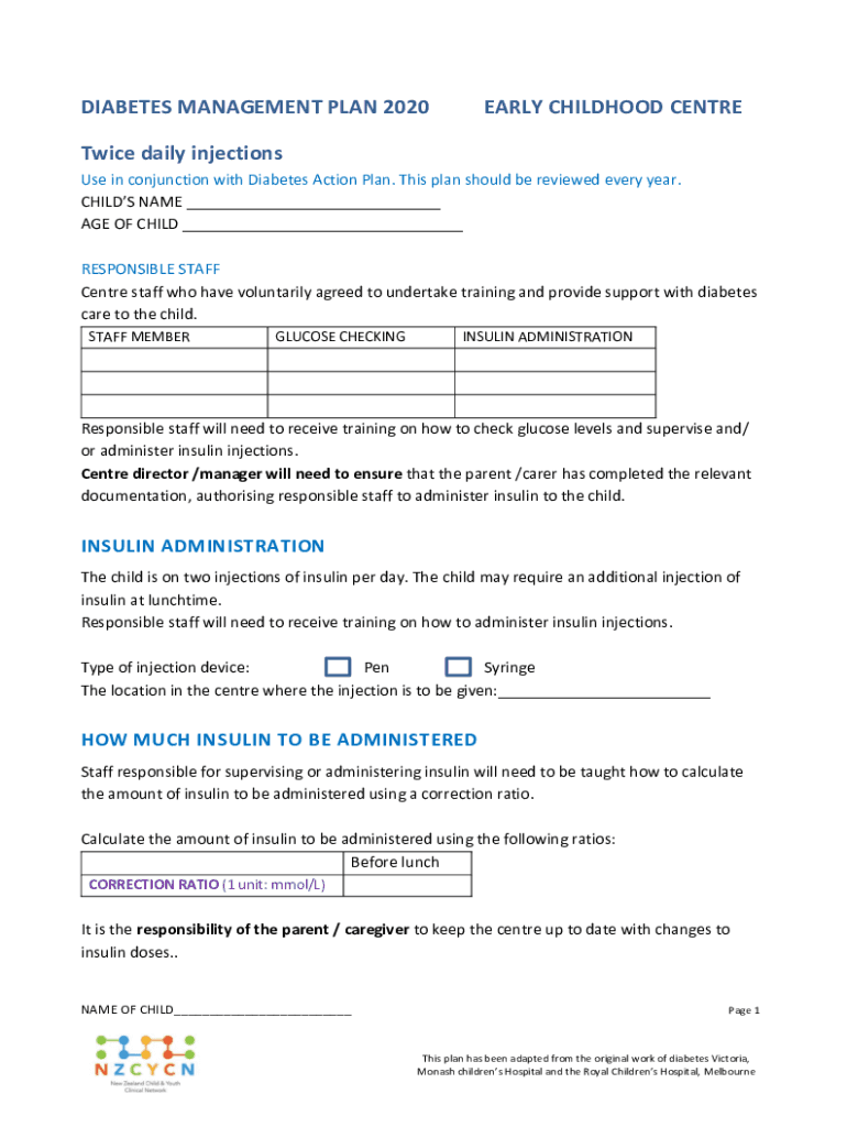Fillable Online Diabetes action and management plans - Diabetes ...