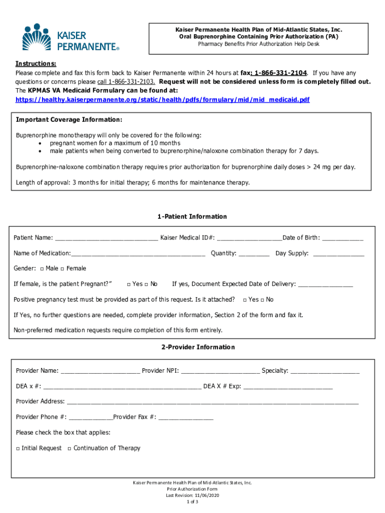 Fillable Online providers kaiserpermanente Prior Authorization (PA ...