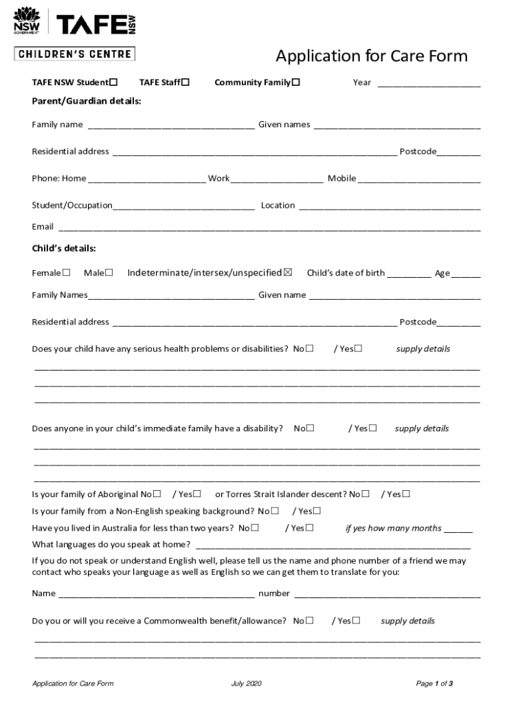 Fillable Online Application for Care Form - TAFE NSW Fax Email Print ...