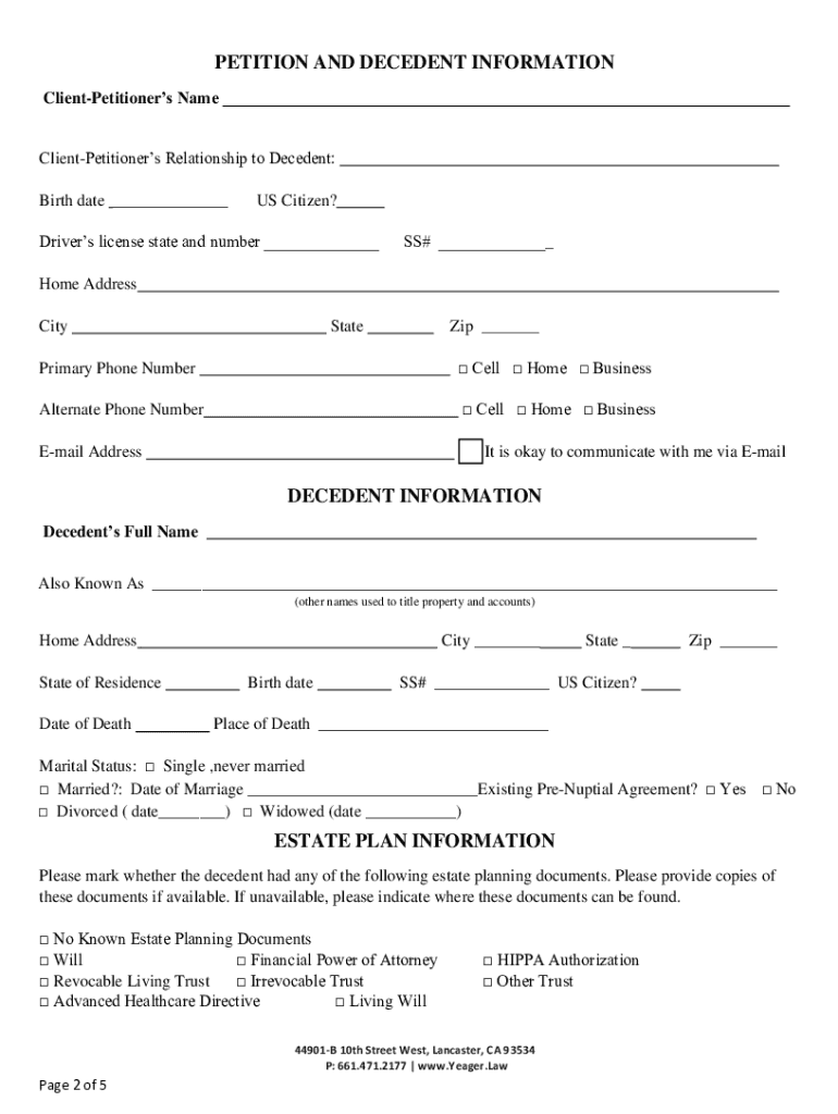 Fillable Online PROBATE INTAKE FORM - Yeager Law Fax Email Print ...