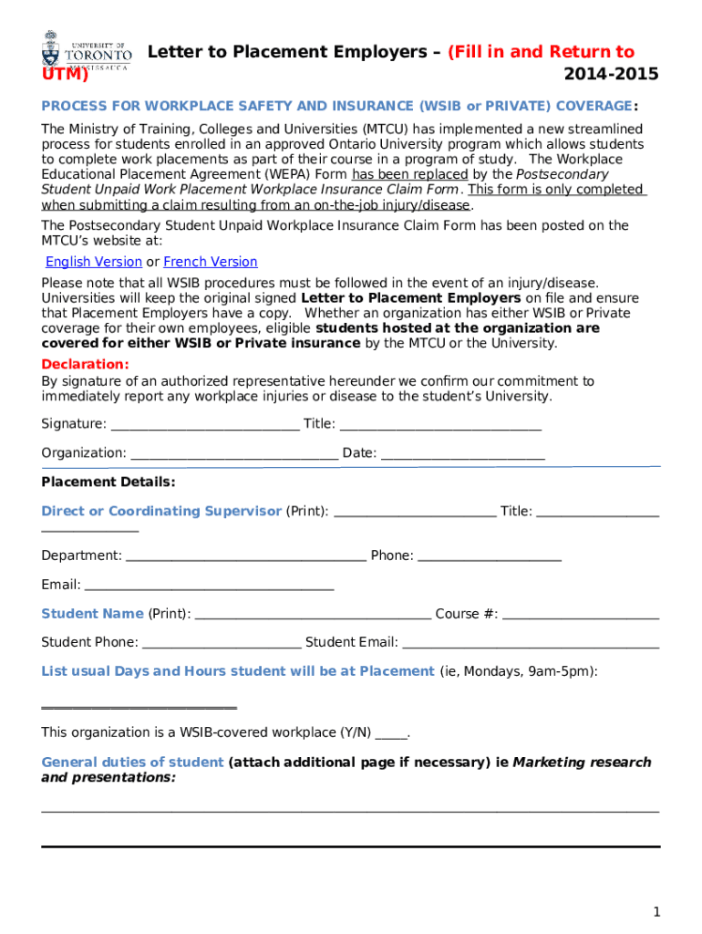 Letter to Placement Employers (Complete and Return to UTM) Doc Template ...