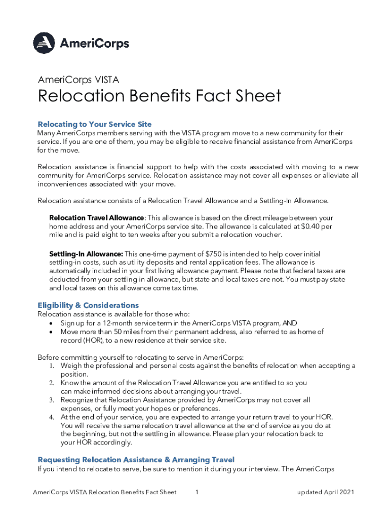 Fillable Online VISTA Relocation Benefits Fact Sheet - The Oaks Academy Fax Email Print - pdfFiller