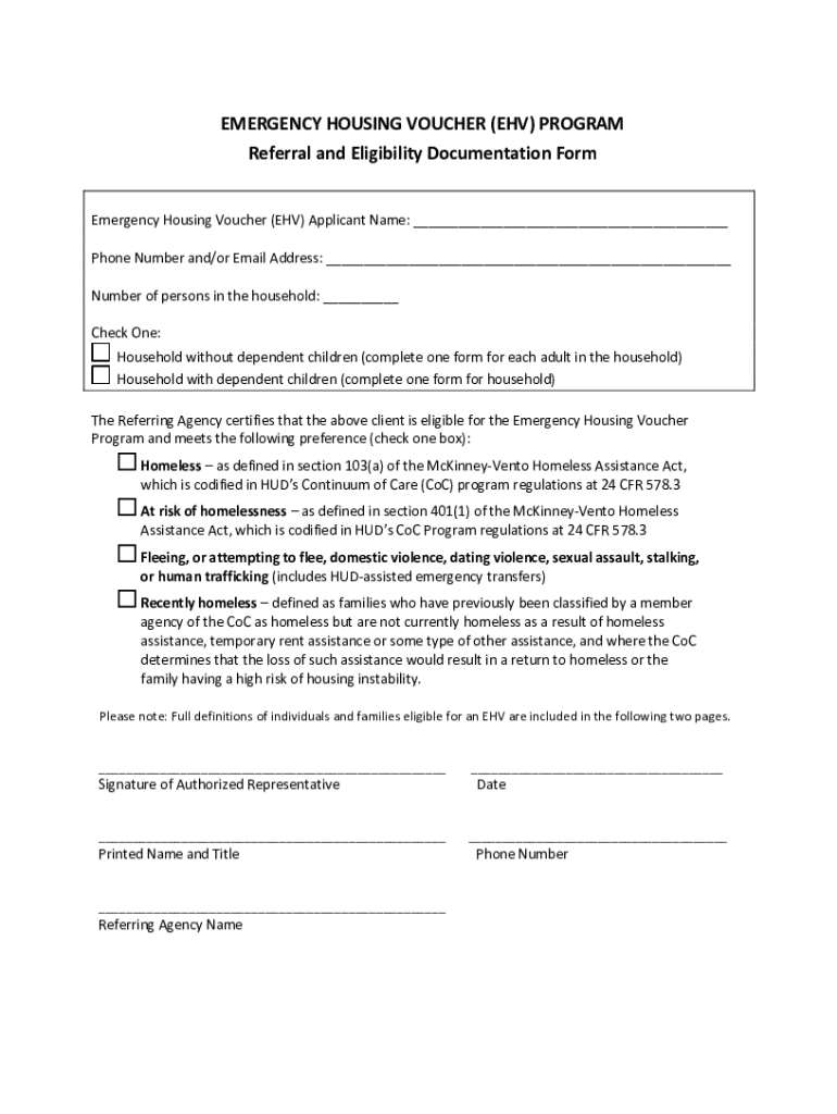 Fillable Online Emergency Housing Voucher (EHV) SAMPLE CERTIFICATION ...