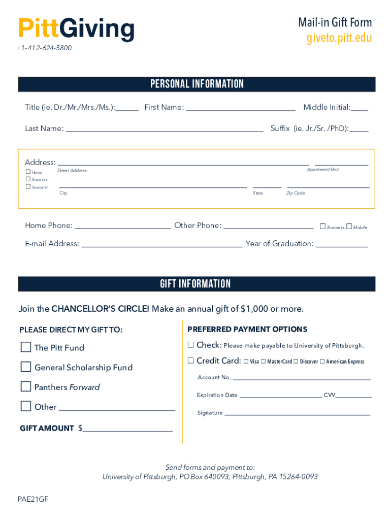 Fillable Online GIFT information - Pitt Giving University of Pittsburgh ...