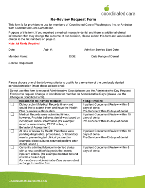 Fillable Online Re-Review Request Form - Coordinated Care Health Fax ...