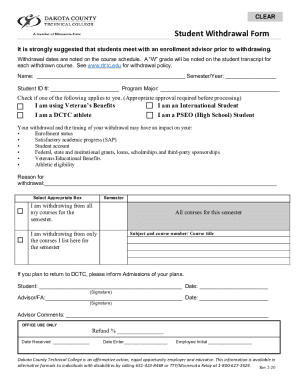 Fillable Online Student Withdrawal Form - Dakota County Technical ...