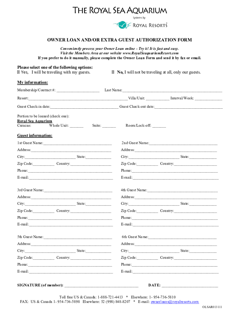 Fillable Online OWNER LOAN AND/OR EXTRA GUEST AUTHORIZATION FORM Fax ...