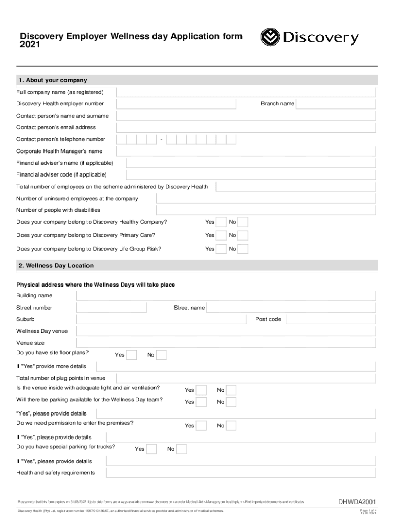 Fillable Online Discovery Employer Wellness day Application form 2021 ...