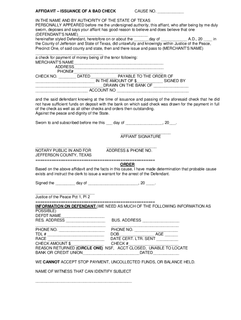 Fillable Online AFFIDAVIT OF ISSUANCE OF BAD CHECK - Kendall County ...