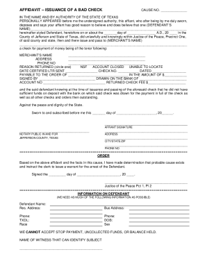 Fillable Online AFFIDAVITISSUANCE OF A BAD CHECK CAUSE NO. IN THE NAME ...