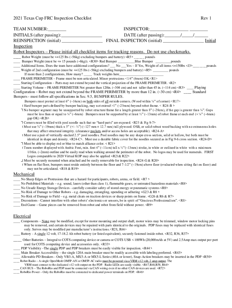 Fillable Online 2020 FRC Inspection Checklist - The Texas Cup Fax Email ...