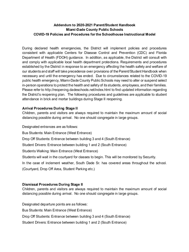 Fillable Online Addendum to 2020-2021 Parent/Student Handbook Miami ...