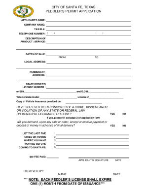 Fillable Online CITY OF SANTA FE, TEXAS PEDDLER'S PERMIT APPLICATION ...