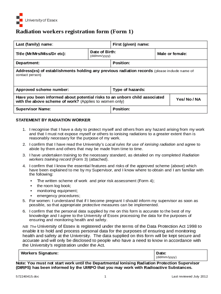 Radiation Workers Reg Doc Template | pdfFiller