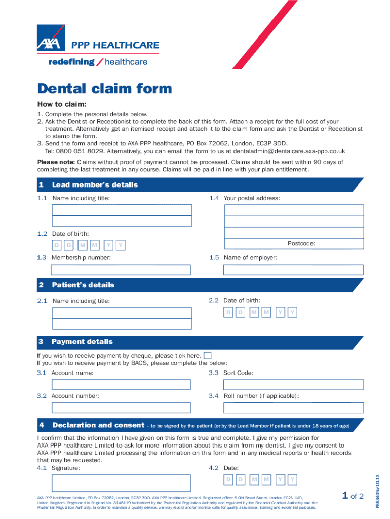 Fillable Online Dental claim form - Private DentistOrthodontistBow Lane ...