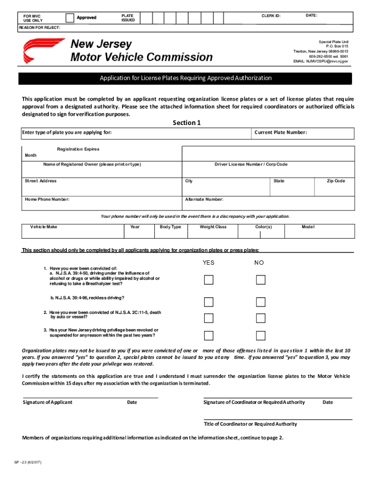 Fillable Online Application for License Plates Requiring Approved ...