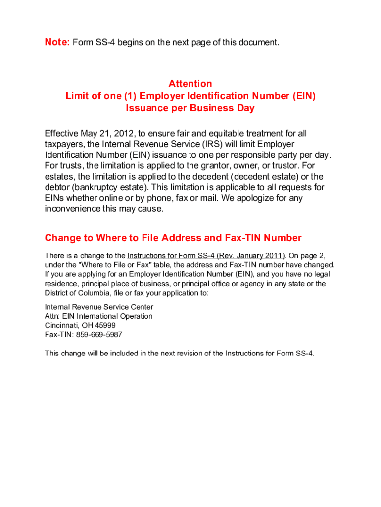 Fillable Online Form SS 4 Applicatin for Employer Identification Number ...