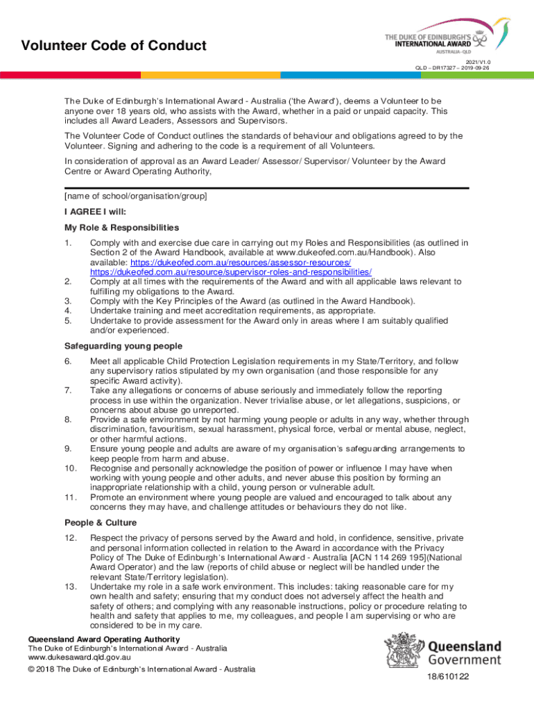 Fillable Online Volunteer code of conduct form. Volunteer code of ...