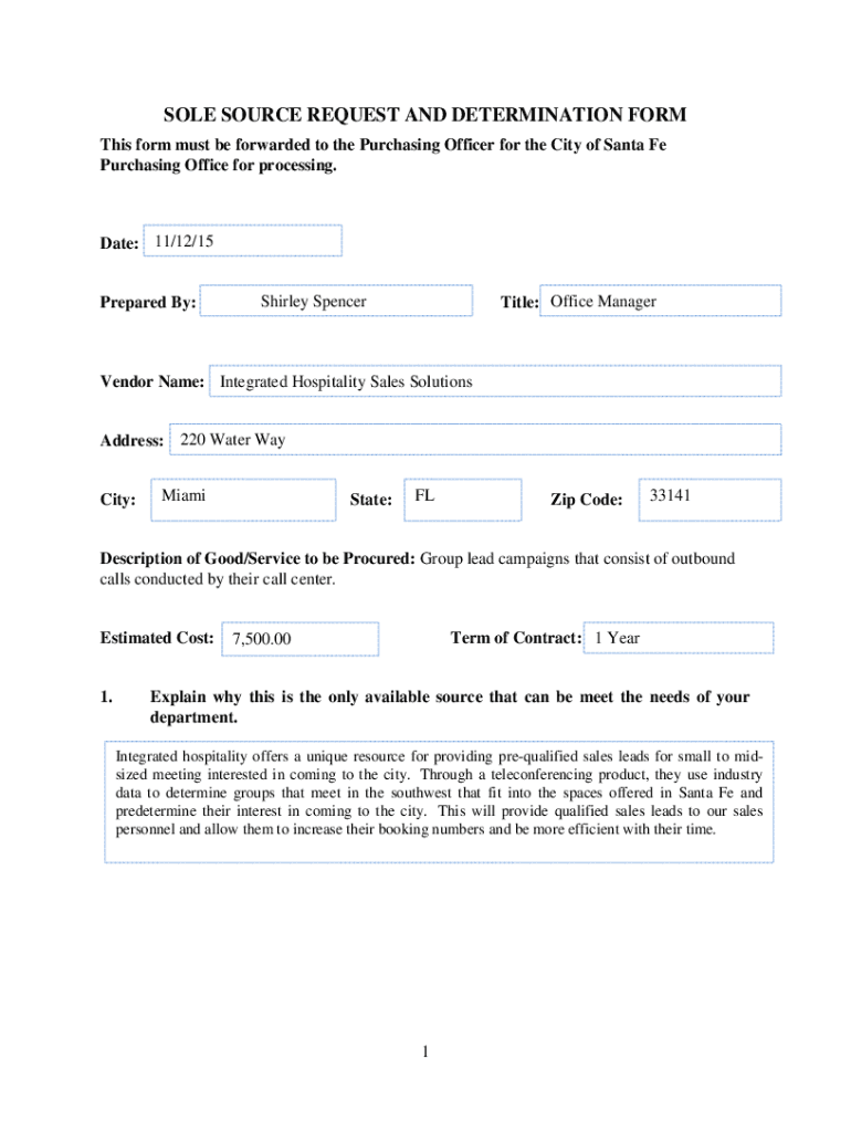 Fillable Online SOLE SOURCE REQUEST AND DETERMINATION FORM - Santa Fe, New ... Fax Email Print ...