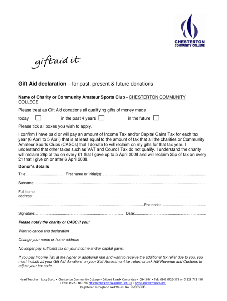 Fillable Online Charities: Gift Aid declaration for past, present and ...