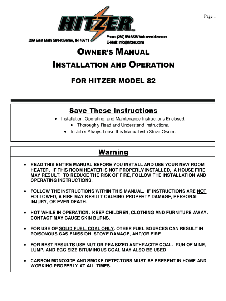Fillable Online OWNERS MANUAL INSTALLATION AND OPERATION FOR HITZER ...