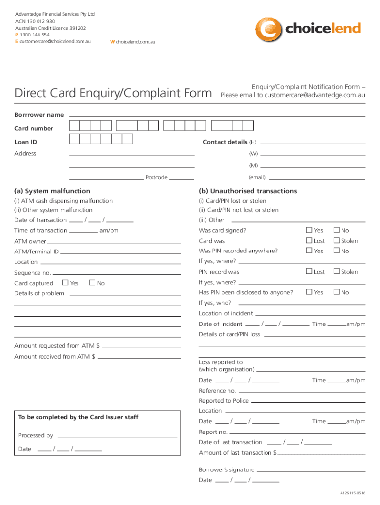Fillable Online Direct Card Enquiry/Complaint Form Fax Email Print ...