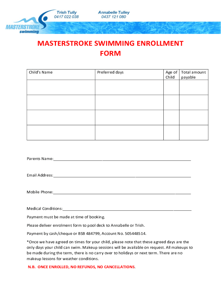Fillable Online MASTERSTROKE SWIMMING ENROLLMENT FORM Fax Email Print ...