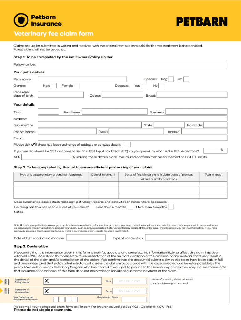 Fillable Online Veterinary Fee Claim Form - RSPCA Pet Insurance Fax Email Print - pdfFiller