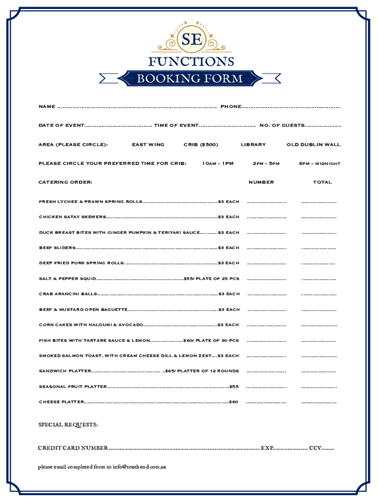 Fillable Online FUNCTION-BOOKING-FORM Fax Email Print - pdfFiller