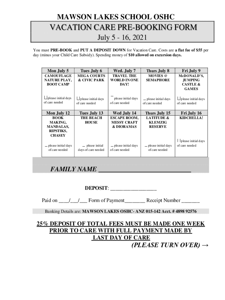 Fillable Online mawsonlakes sa edu VACATION CARE PRE-BOOKING FORM Fax ...
