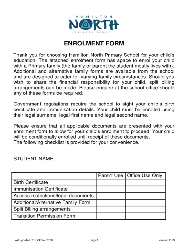 Fillable Online hamiltonnorthps vic edu Thank you for choosing Hamilton ...