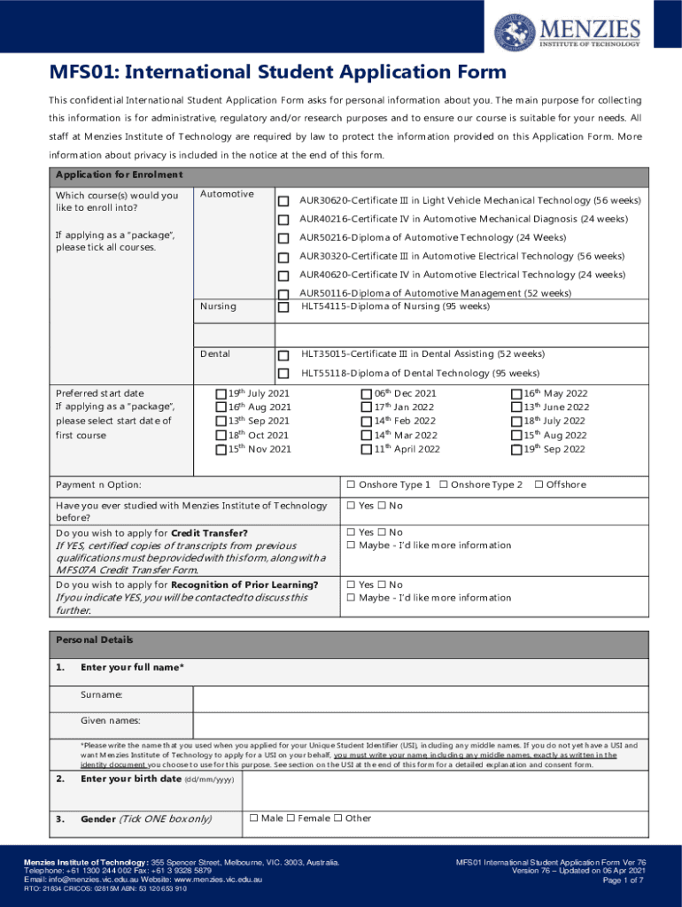 Fillable Online MFS01: Domestic Student Application Form - menzies.vic ...