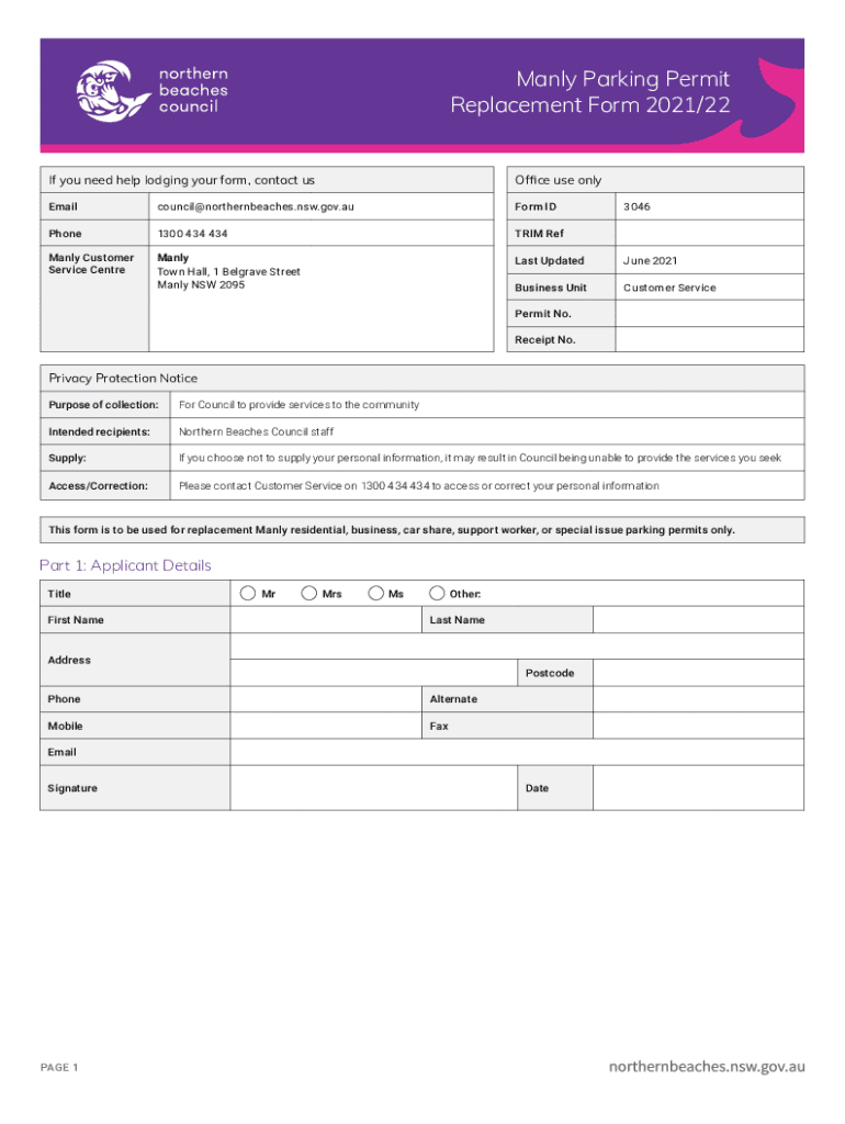 Fillable Online Multi-Use Manly Parking Permit Application Form 2021/2022 Fax Email Print ...