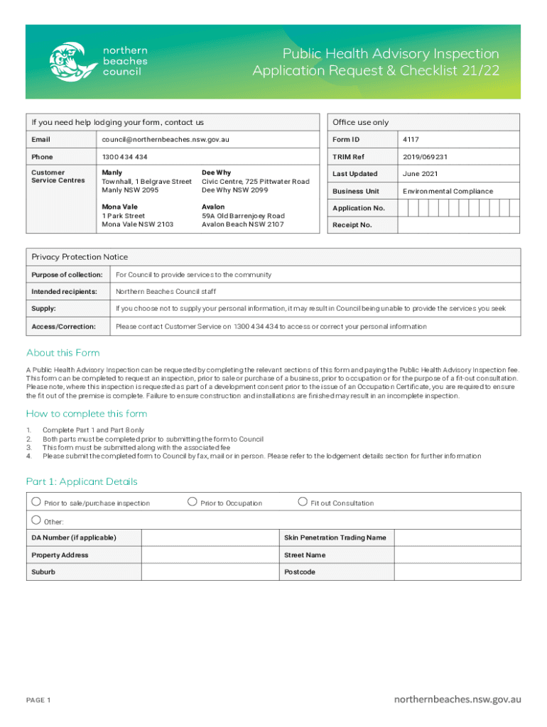 Fillable Online Public Health Advisory Inspection Checklist 20/21 Fax ...