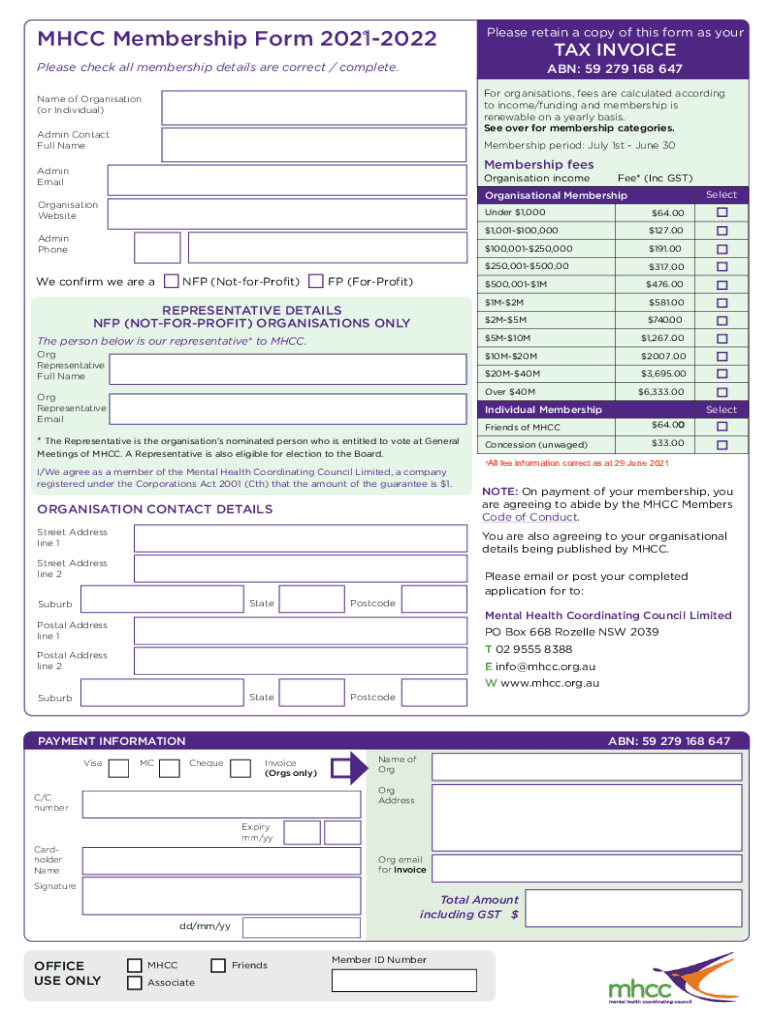 Fillable Online Membership Form 2021 2 - mhcc.org.au Fax Email Print ...