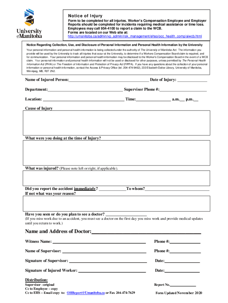 Fillable Online Notice of Injury Form to be completed for all injuries ...