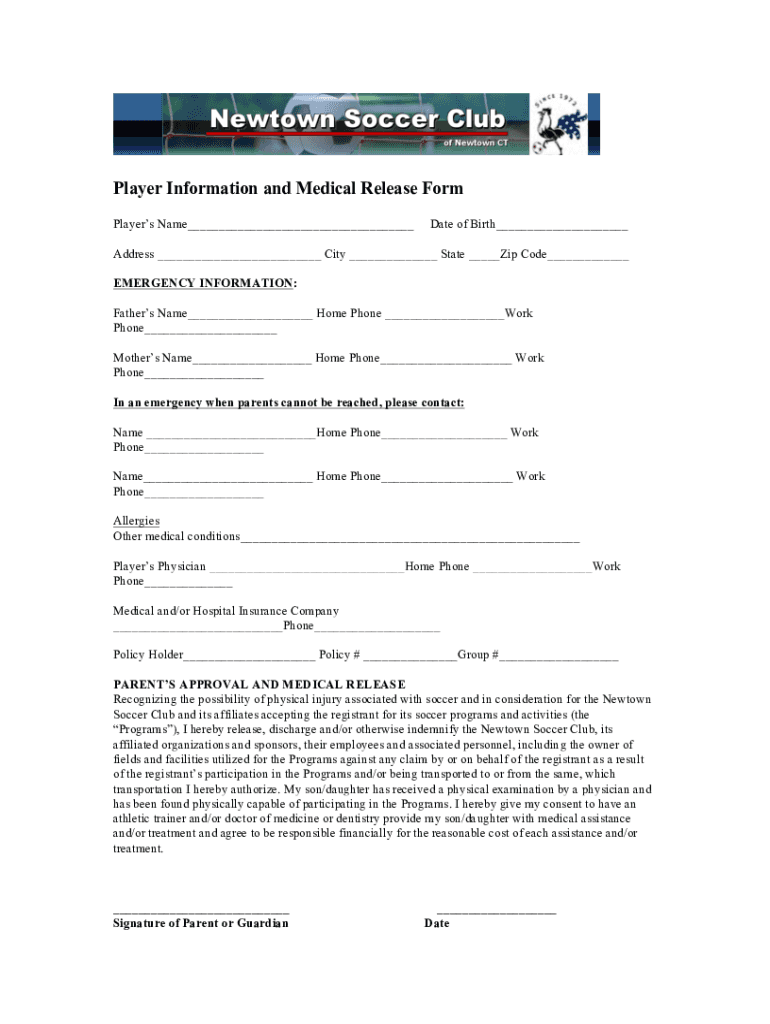 Fillable Online Arkansas Player Information And Medical Release Form ...