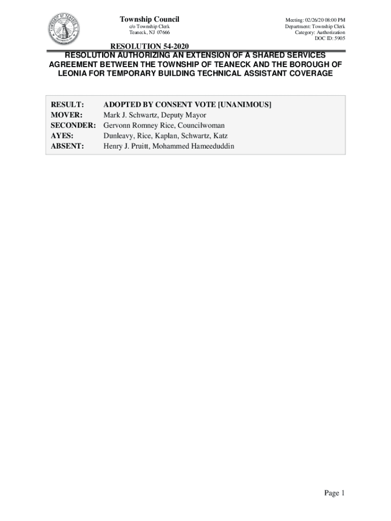 Fillable Online Resolution 54-2020 - RESOLUTION AUTHORIZING AN ...